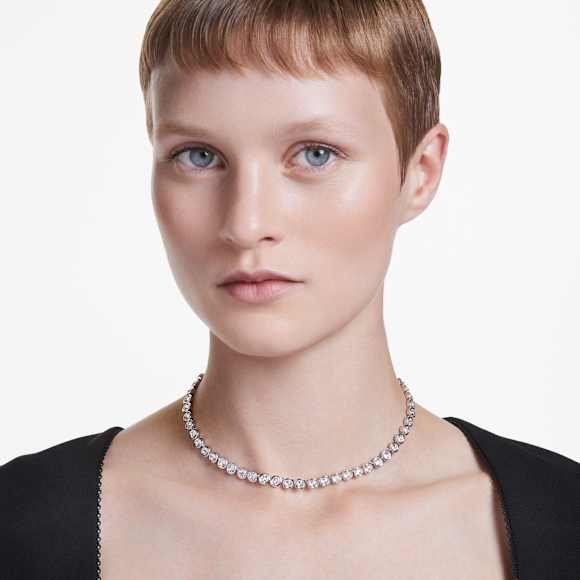 Imber tennis necklace, Round cut, white, rhodium plated » Swarovski